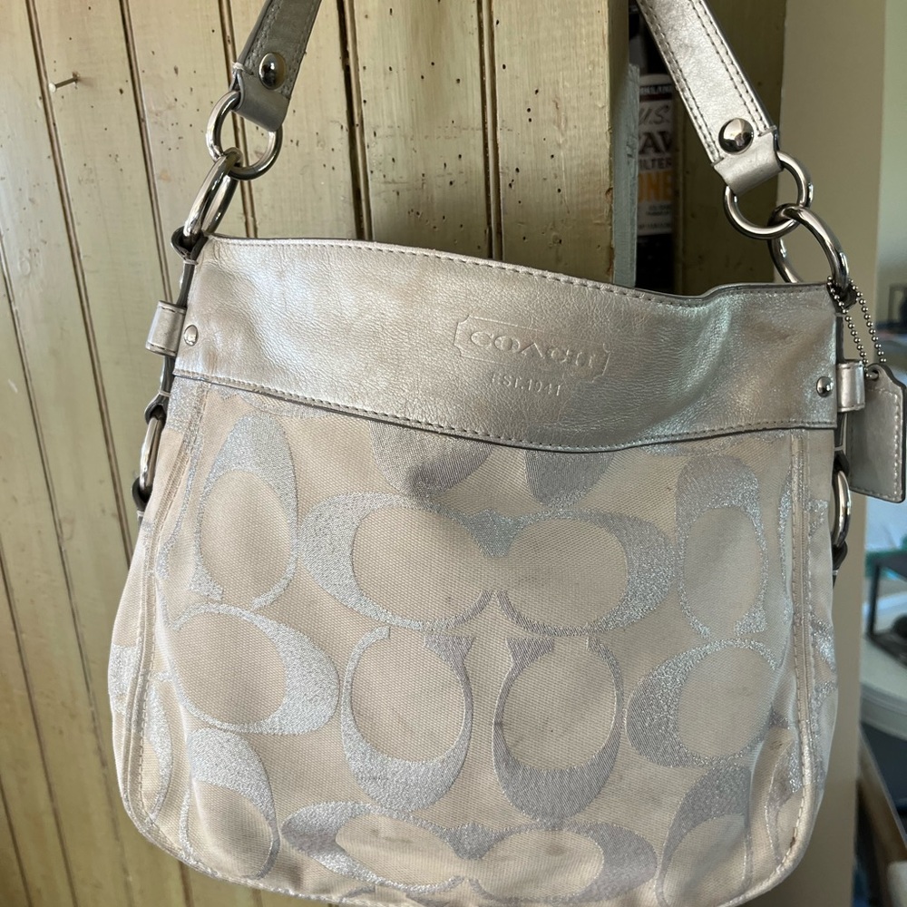 Coach Silver Shoulder C Logo Canvas And Leather Euc R… - Gem